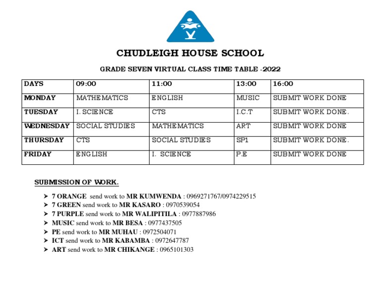 Chudleigh House School Grade 7 Timetable | PDF