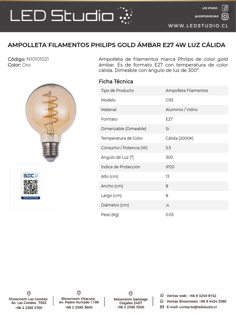 Ampolleta Filamentos Philips Gold Ámbar E27 4W Luz Cálida | PDF