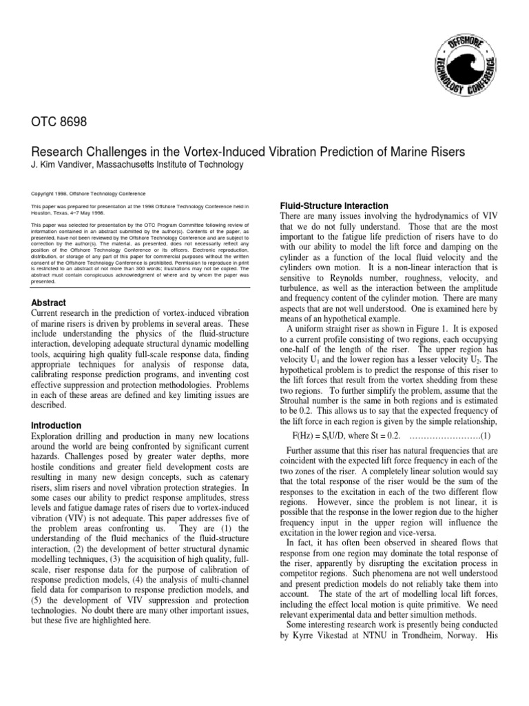 OTC 8698 Research Challenges in The Vortex-Induced Vibration Prediction ...