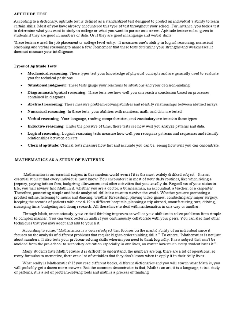 Aptitude Test Types and Patterns | PDF | Mathematics | Reason