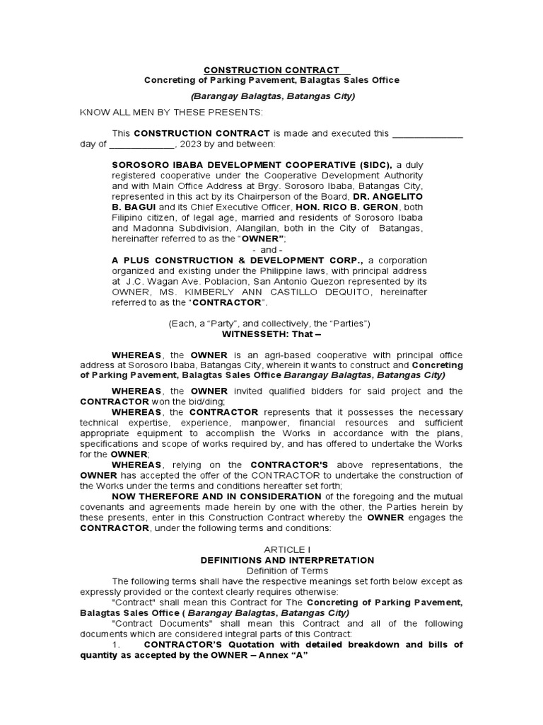 Construction Contract for Parking Pavement | PDF | Employment | Legal ...