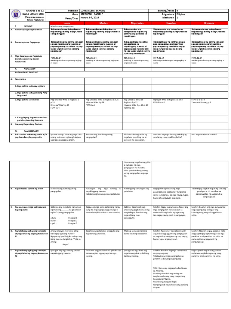DLL Filipino Quarter 1 Week 1-10 | PDF