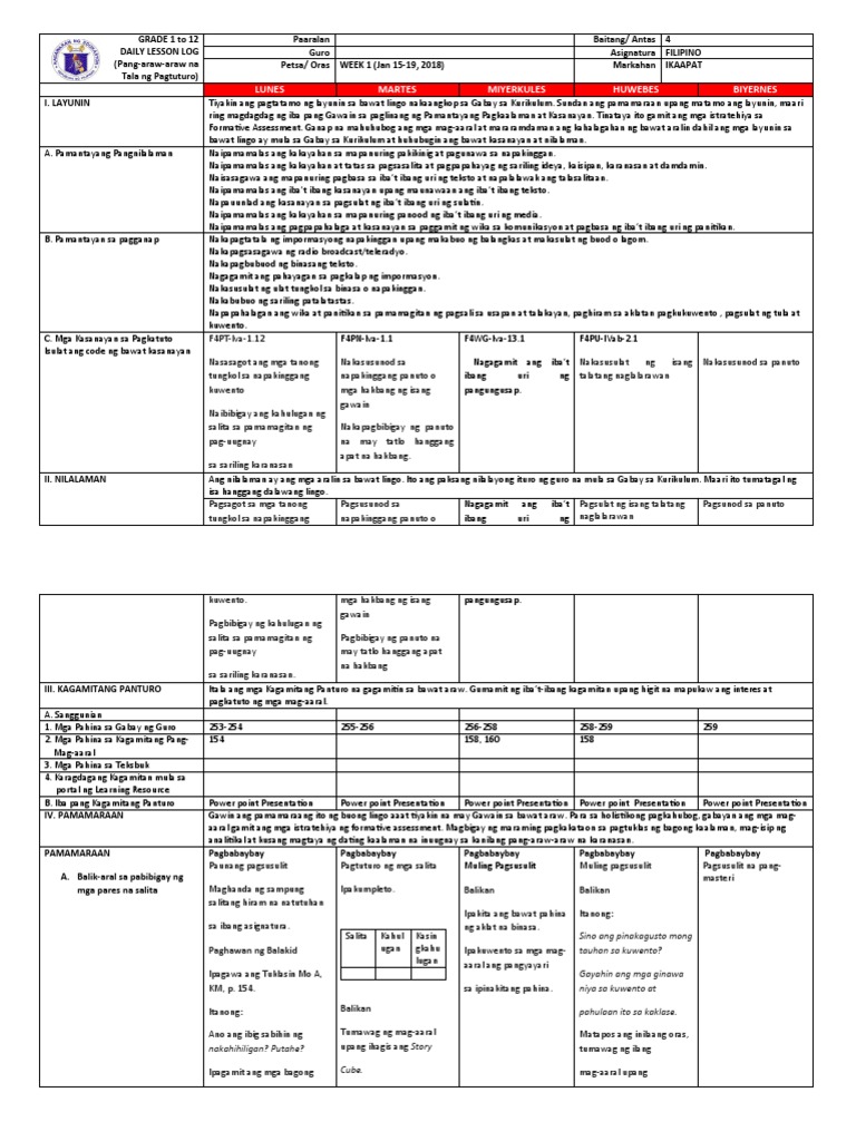 DLL Filipino Quarter 4 Week 1-9 | PDF