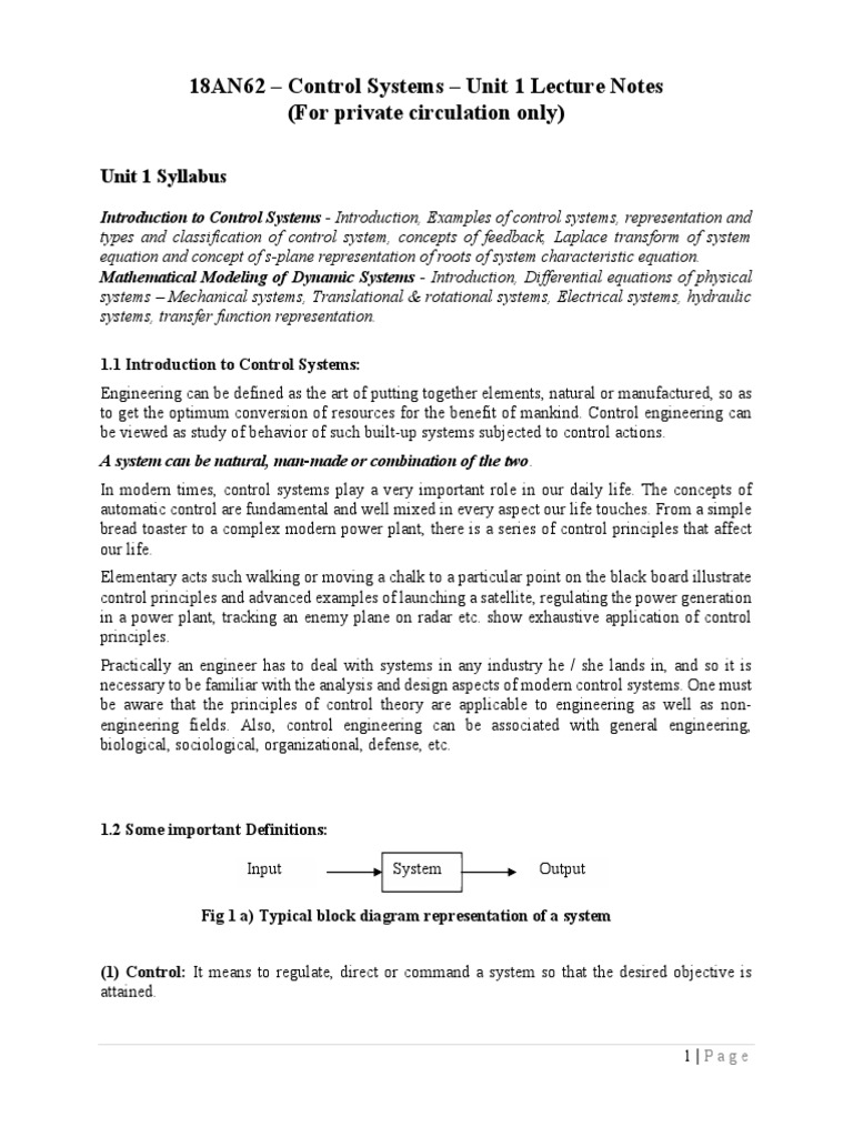 Unit-1 Notes | PDF | Control Theory | Laplace Transform Unit-1 Notes | PDF | Control Theory | Laplace Transform