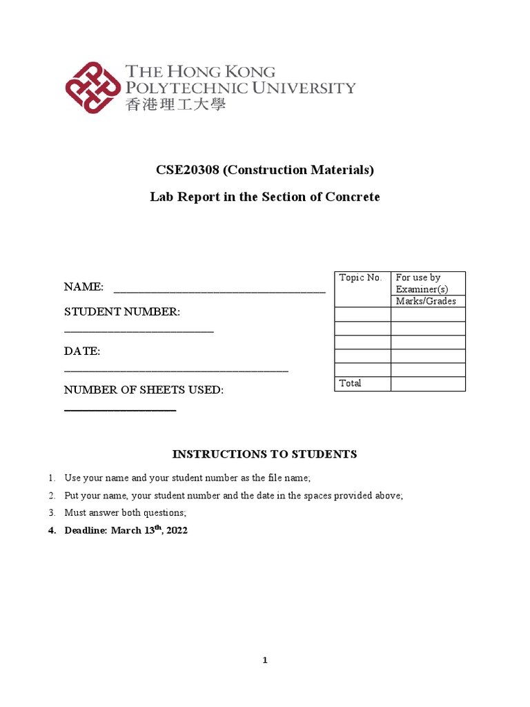 CSE20308 Concrete Lab Report Guidelines | PDF