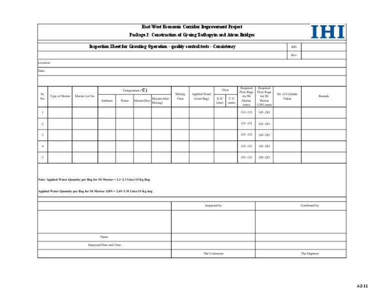 Grouting Operation Check Sheet | PDF | Mechanical Engineering
