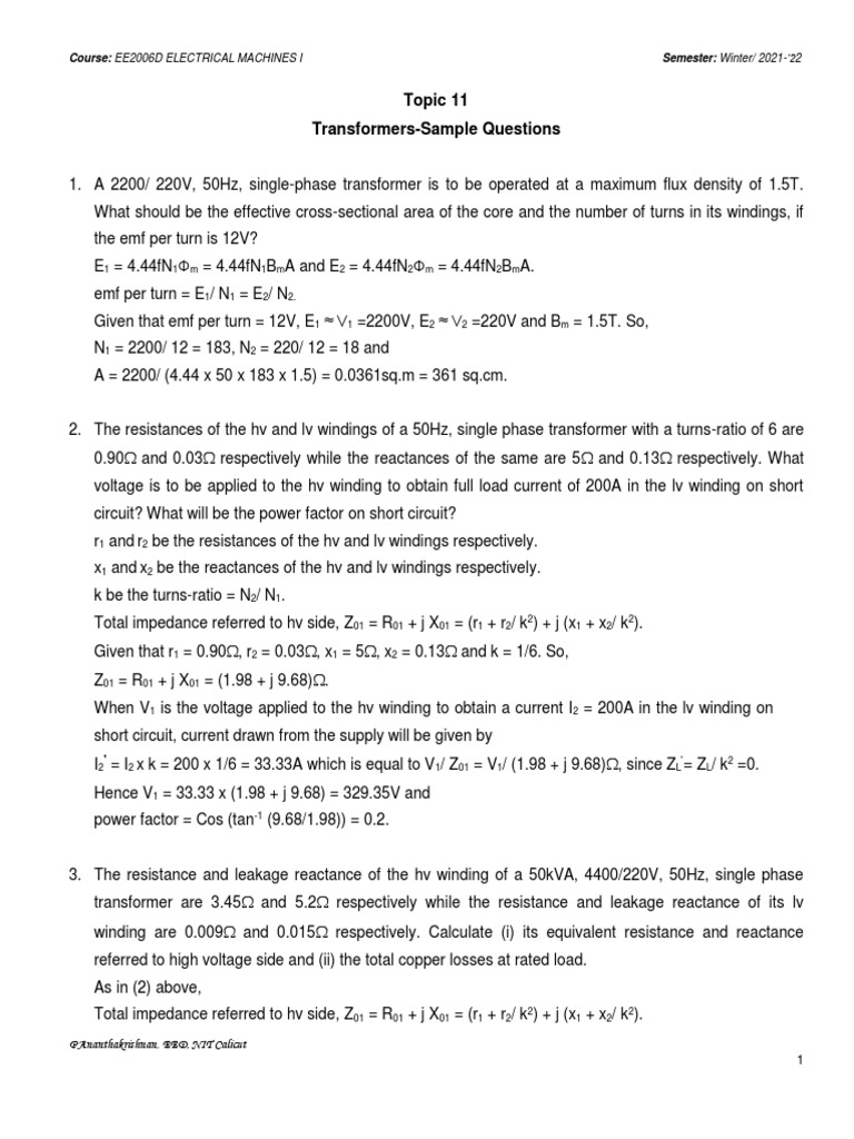 EE2006D Topic 11 | PDF | Transformer | Electrical Impedance