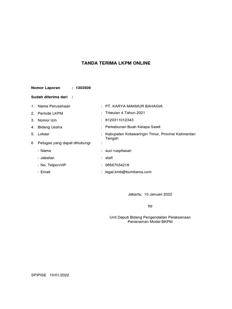 Tanda Terima LKPM Online PT - KMB Triwulan 4 | PDF