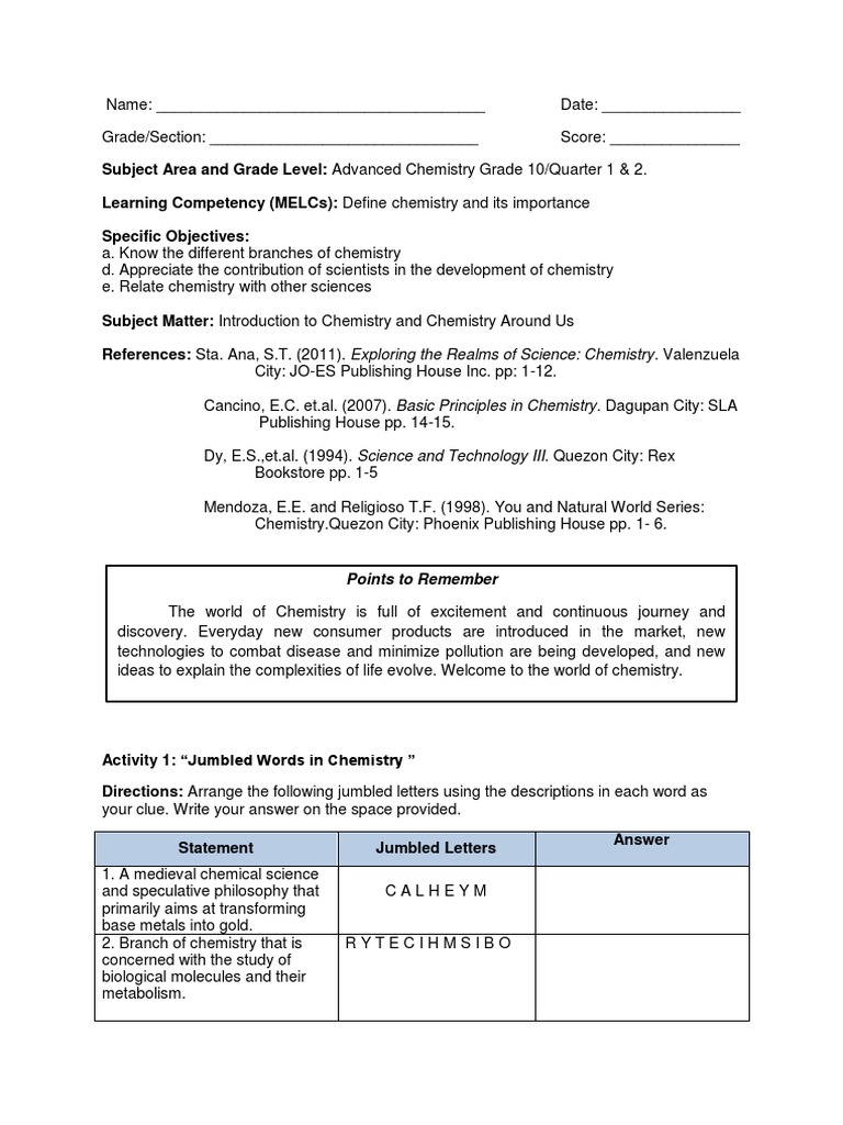 Q1 Week 12 Chemistry Introduction | PDF | Chemistry | Science