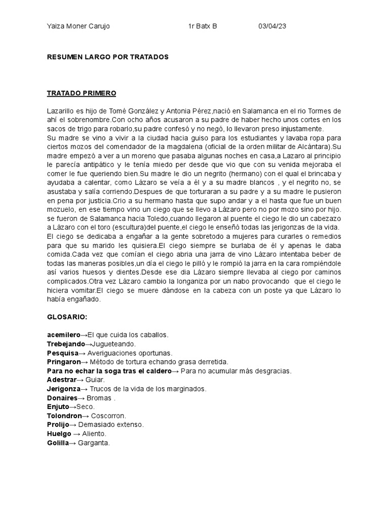 Resumen de "Lazarillo de Tormes" por Tratados | PDF | Novelas