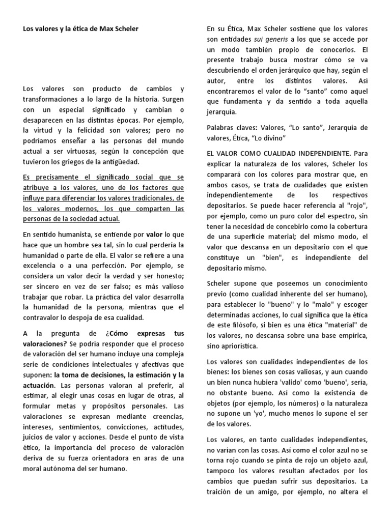 Los Valores y La Ética de Max Scheler | PDF | Felicidad | Sicología