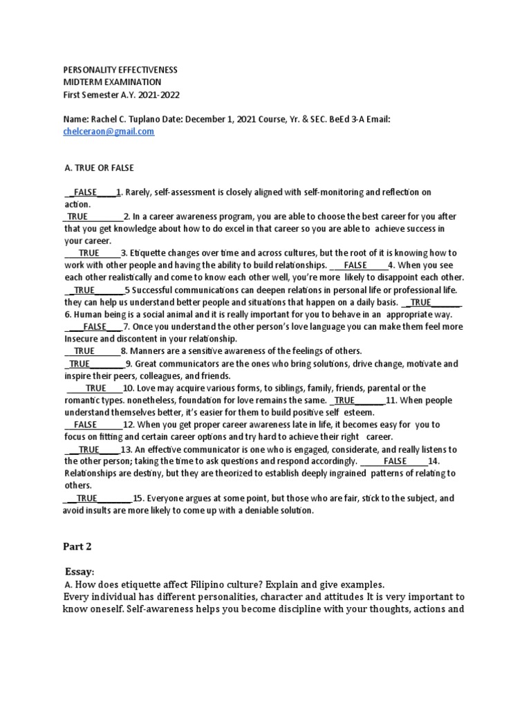 Rachel Tuplano PERSEF Mid Exam 2021 22 BEED 1 | PDF | Etiquette | Integrity