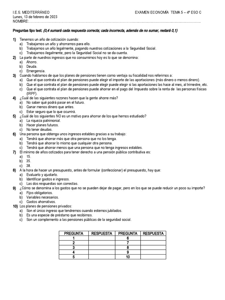 Examen Economía UD5 4ºESO | PDF | Pensión | Presupuesto