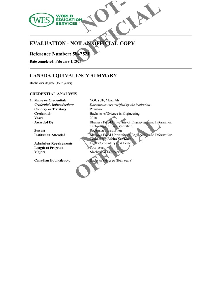 WES-ICAP Report - BS Mechanical | Download Free PDF | Course Credit