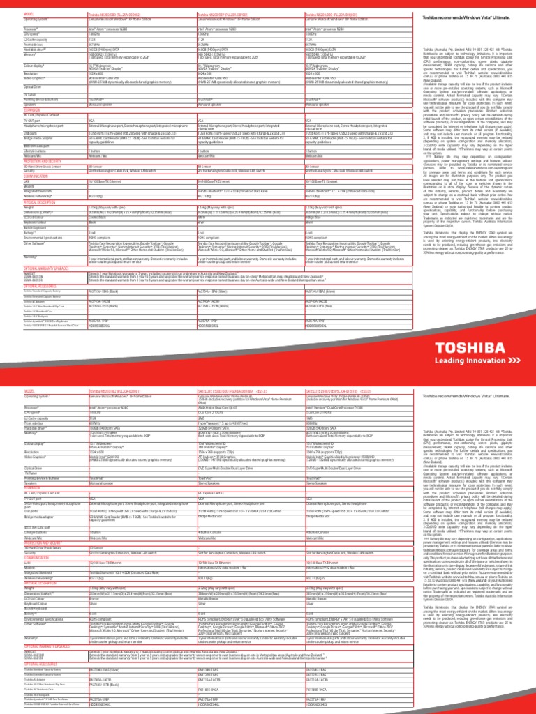 Satallite L500 Spec Sheet | PDF | Laptop | Usb