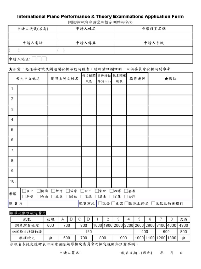 International Piano Performance & Theory Examinations Application Form ...
