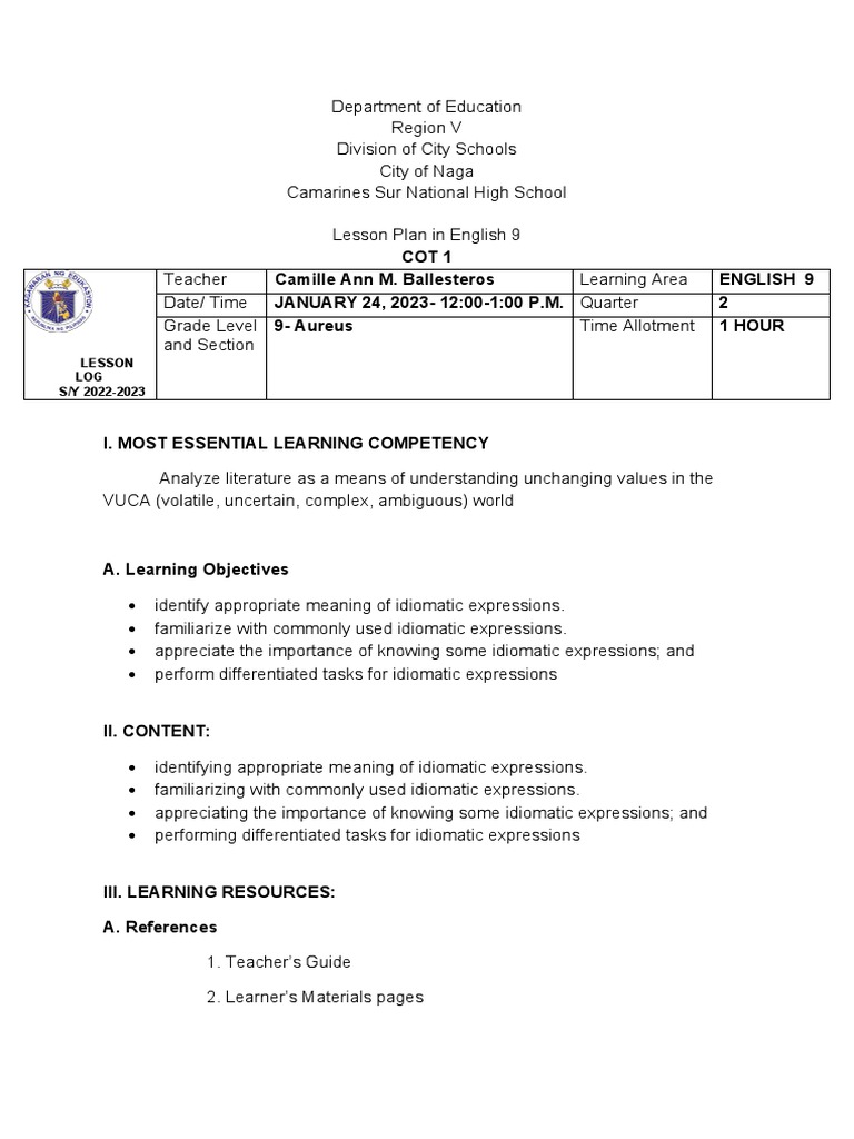 Analyzing Idiomatic Expressions: A Lesson Plan on Understanding ...