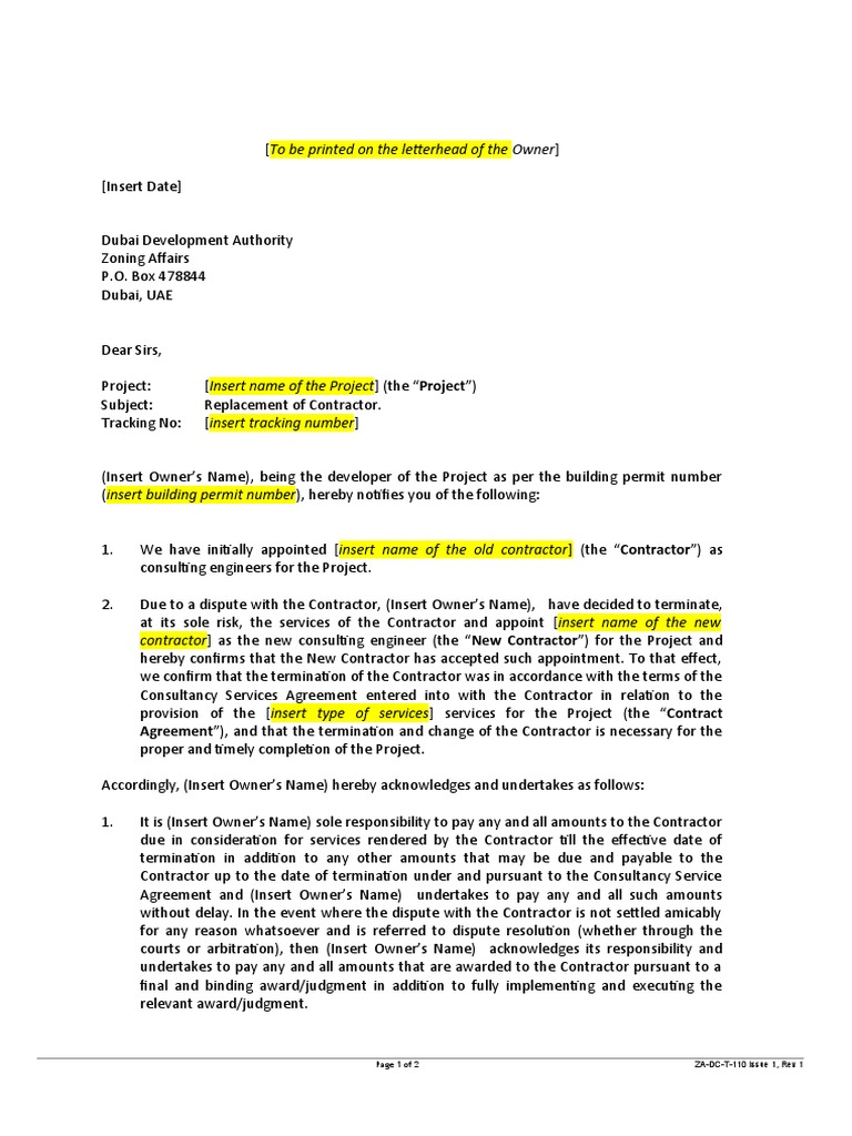 ZA-DC-T-110-Undertaking-by-Owner-Replace-Contractor-for Building | PDF | Indemnity | Civil Law ...