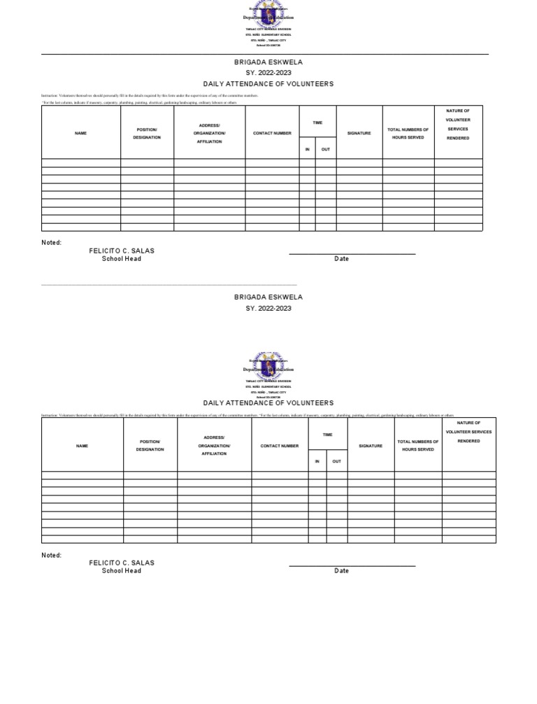 Brigada Eskwela Form 4 Daily Attendance of Volunteer | PDF