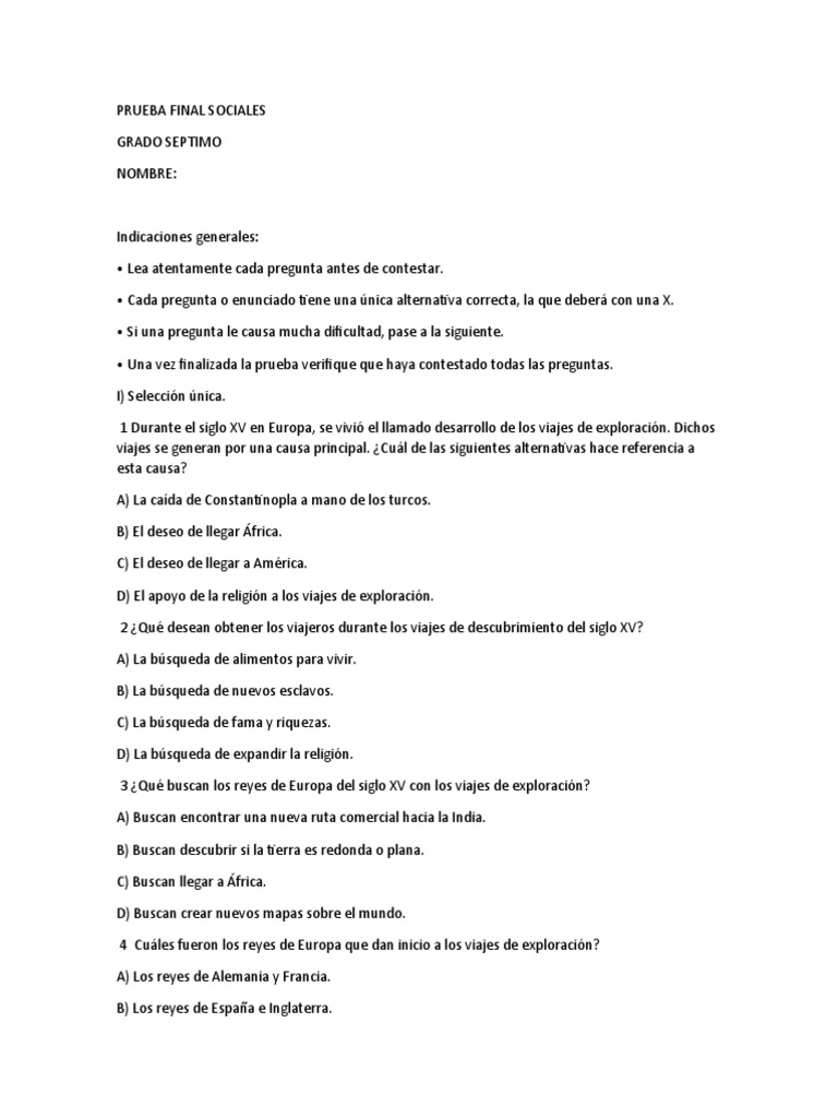 Prueba Final Sociales 7 | PDF | Exploración