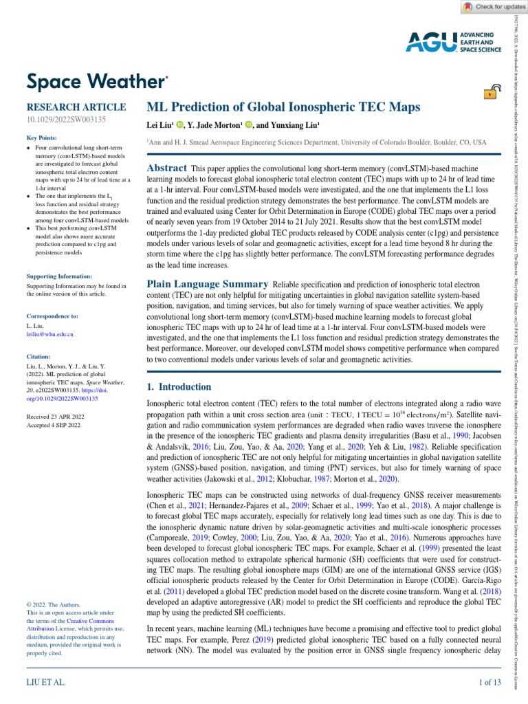 ML Prediction of Global Ionospheric TEC Maps | PDF | Space Weather | Ionosphere