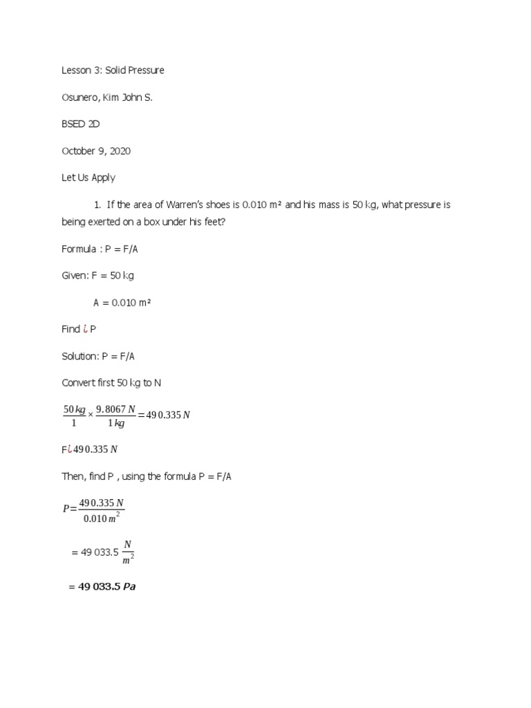 Physics Pressure Exercises | PDF | Pressure | Area