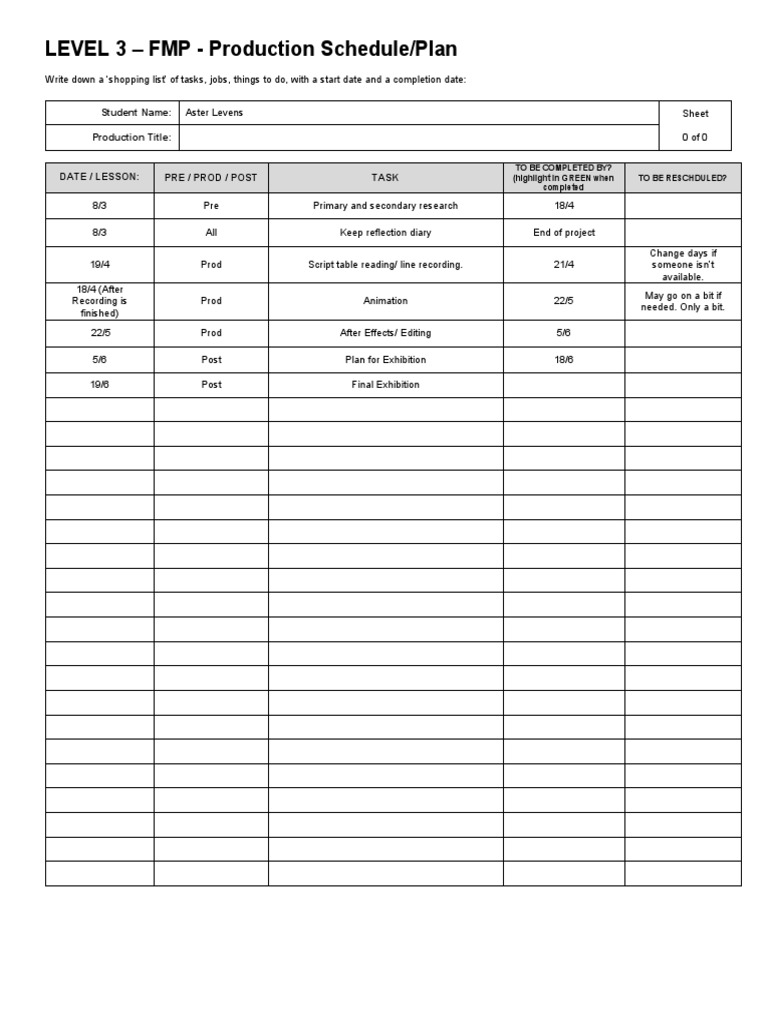 Level 3 - FMP Production Schedule Blank 2022-23 | PDF