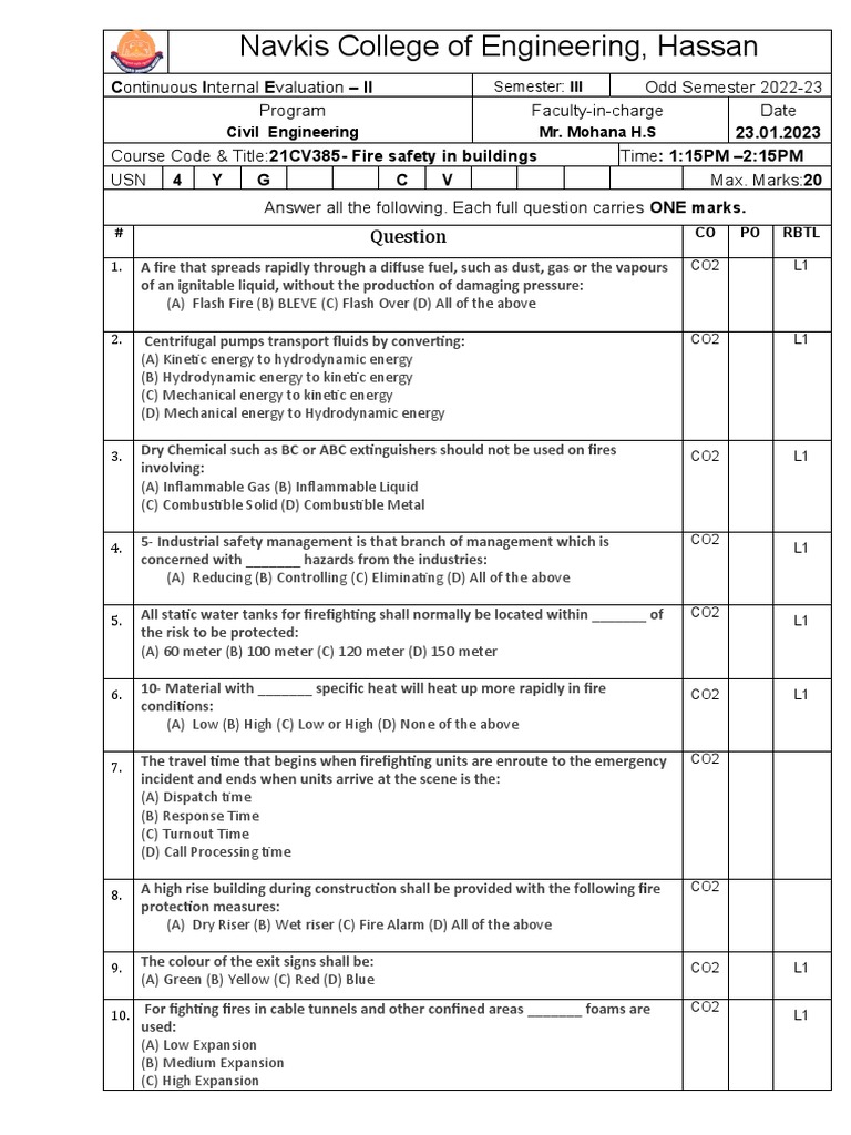 Fire Safetyquestion Paper CIE-2 | PDF | Carbon Dioxide | Fires