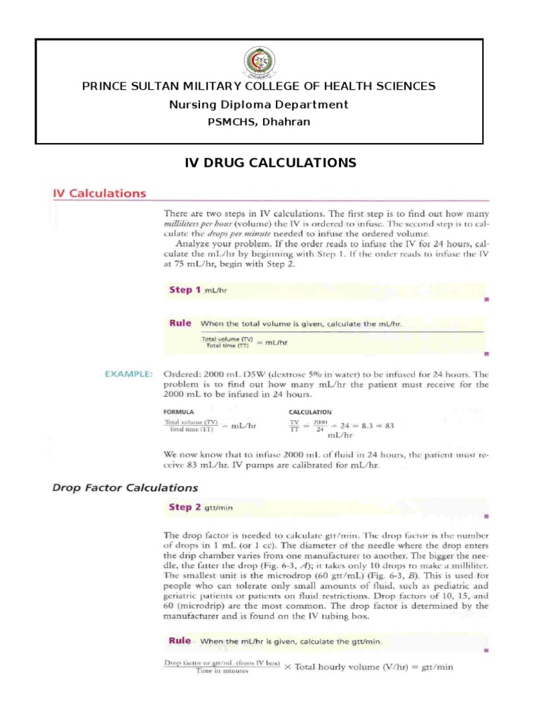 IV Drug Calculations Worksheet