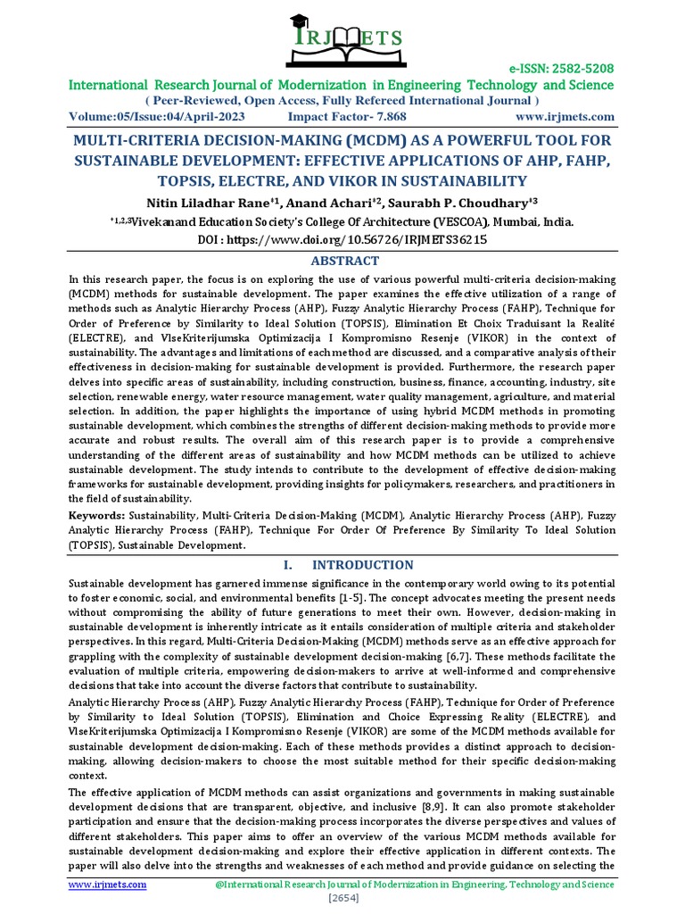 Multi Criteria Decision Making Mcdm As A Powerful Tool For Sustainable Development Effective