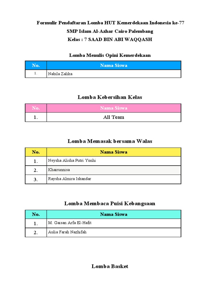 Formulir Pendaftaran Lomba 17an | PDF | Sains & Matematika