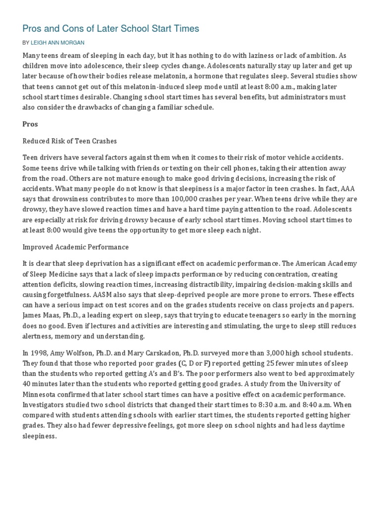 Pros and Cons of Later School Start Times: Leigh Ann Morgan | PDF ...