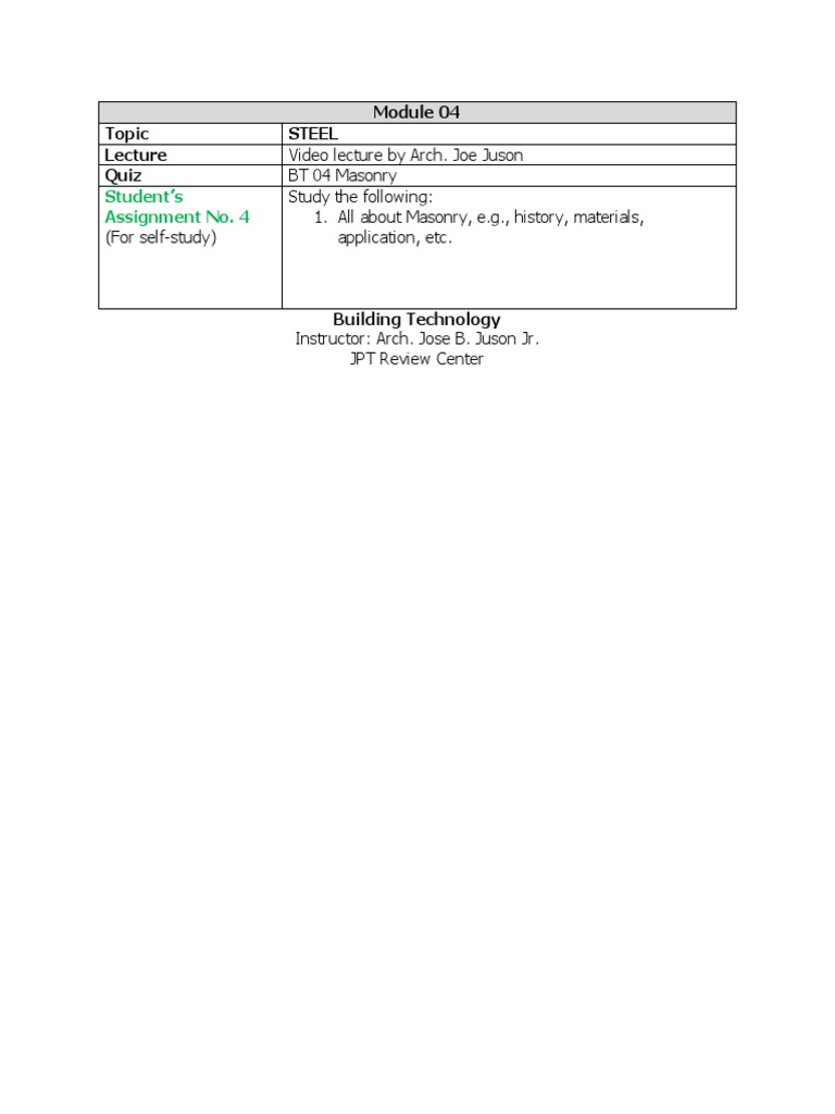 Video Lecture by Arch. Joe Juson BT 04 Masonry (For Self-Study) Study The Following: 1. All ...