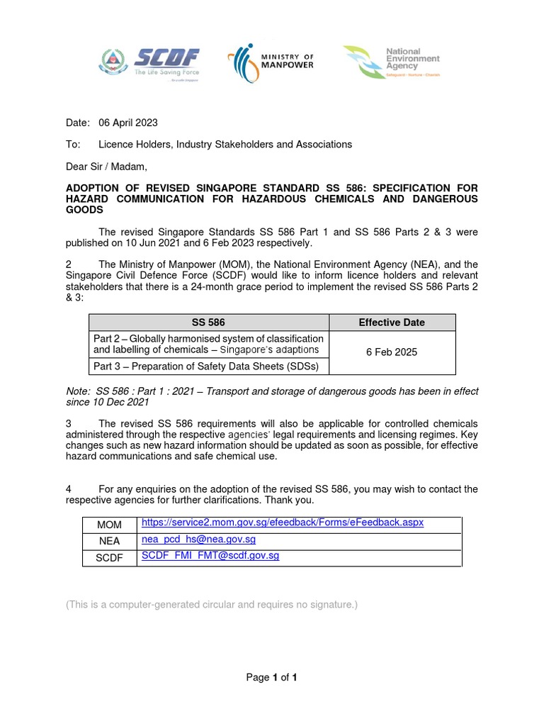 Adoption of Revised Singapore Standard Ss 586: Specification For Hazard ...