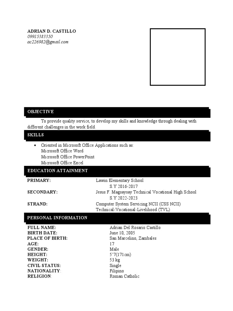 Adrian Del Castillo's Work Immersion Profile | PDF