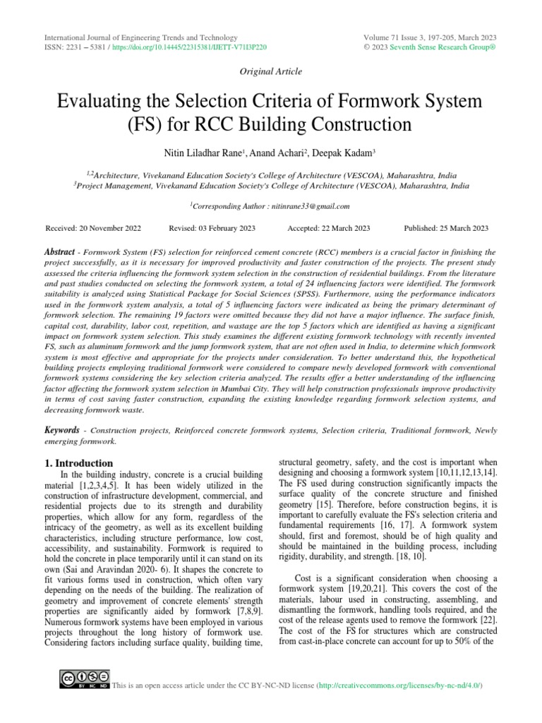 Evaluating The Selection Criteria Of Formwork System Fs For Rcc Building Construction Pdf