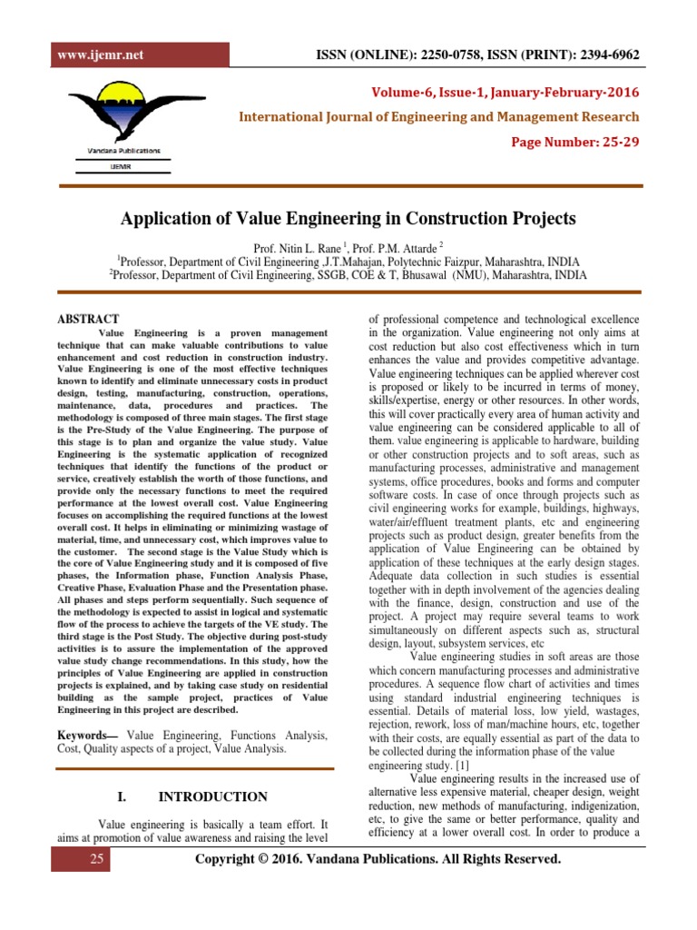 Application of Value Engineering in Construction Projects | PDF ...