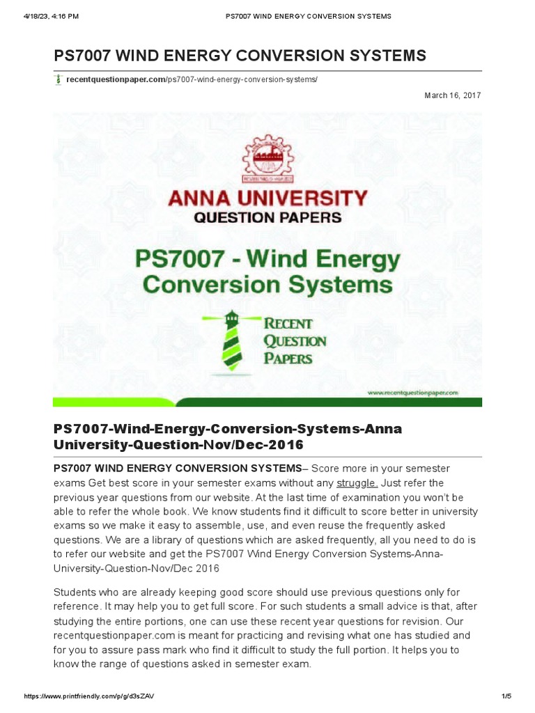 PS7007 Wind Energy Conversion Systems | PDF | Qualifications
