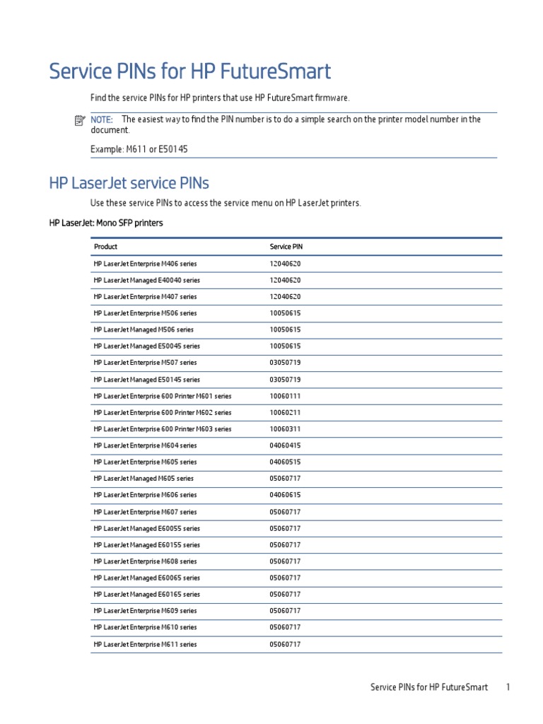 Service PINs For HP FutureSmart | PDF | Menu (Computing) | Booting