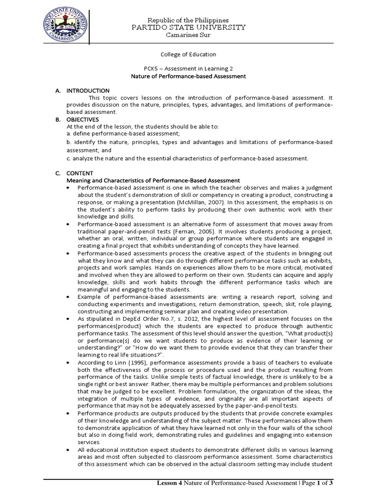 PCK5 Handout Performance-based-Assessment | PDF | Educational ...
