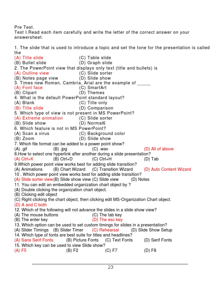 PowerPoint Test Questions & Answers | PDF | Typefaces | Microsoft Power ...