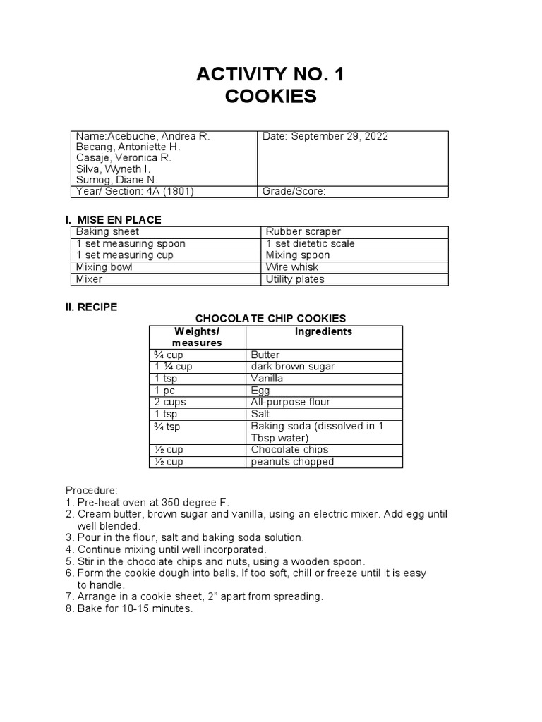 ACTIVITY NO1 - Chocolate Chip Cookies | PDF | Chocolate | Food And ...