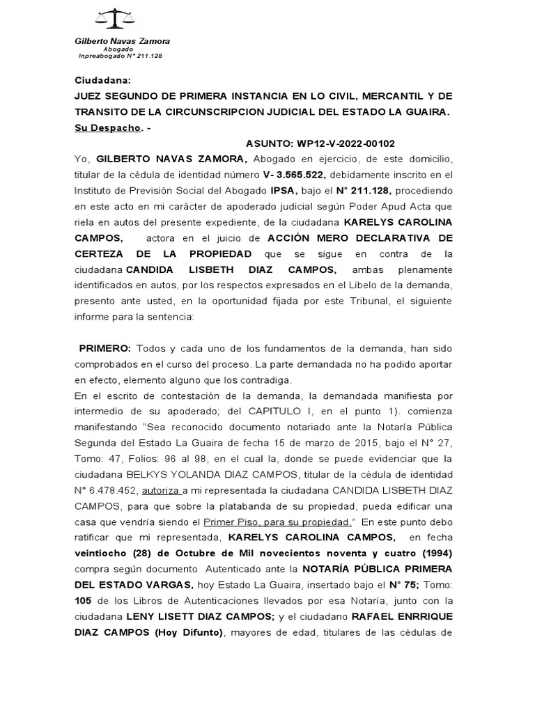 Escrito de Informes Demanda | PDF | Propiedad | Demanda judicial