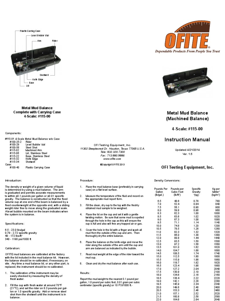 115-00 - OFITE Metal Mud Balance - User Manual | PDF | Weighing Scale ...