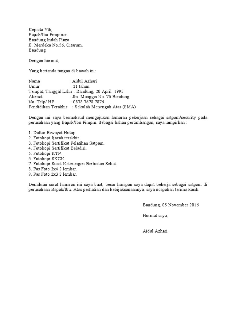 Contoh Surat Lamaran Kerja Sebagai Security | PDF