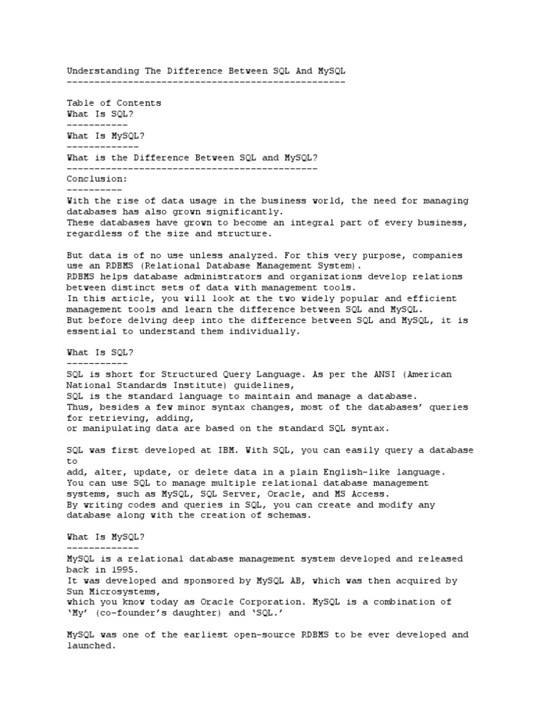 Understanding The Difference Between Sql And Mysql Pdf My Sql Sql 2439