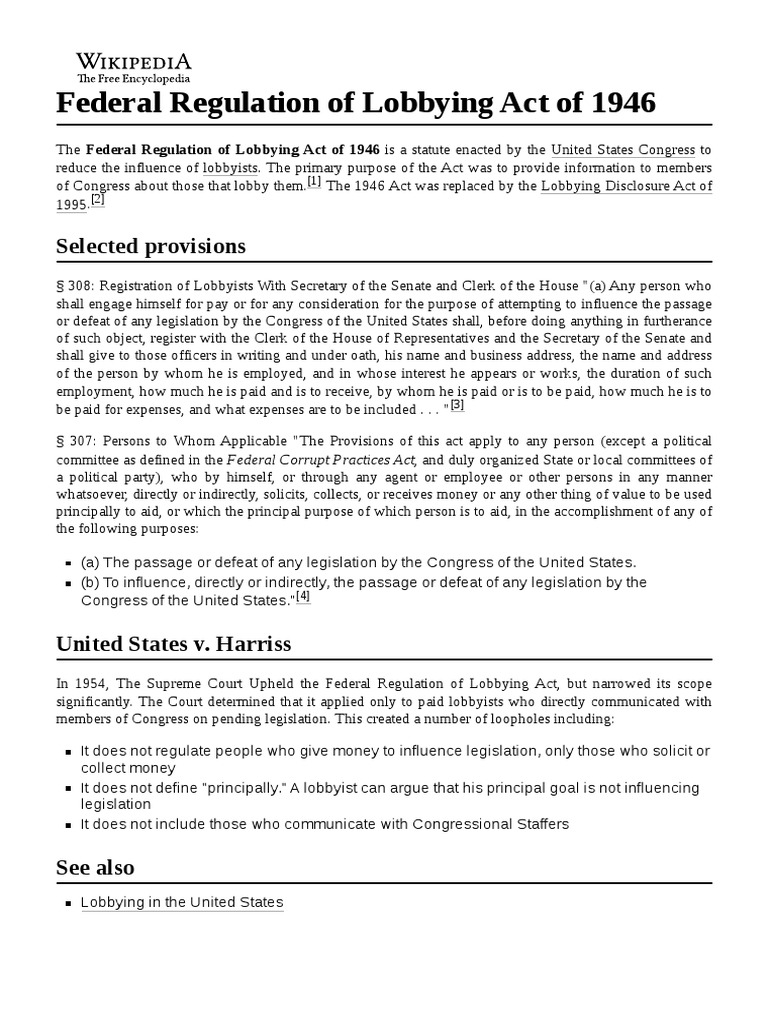 Federal Regulation of Lobbying Act of 1946 | PDF | Legal Documents ...