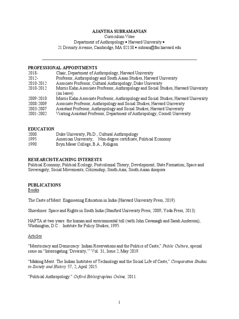 Ajantha Subramanian CV | PDF | Caste | Meritocracy