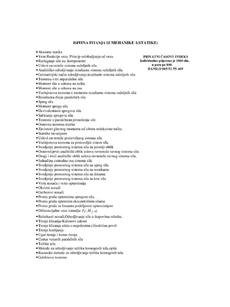 Mehanika 1 Usmeni | PDF