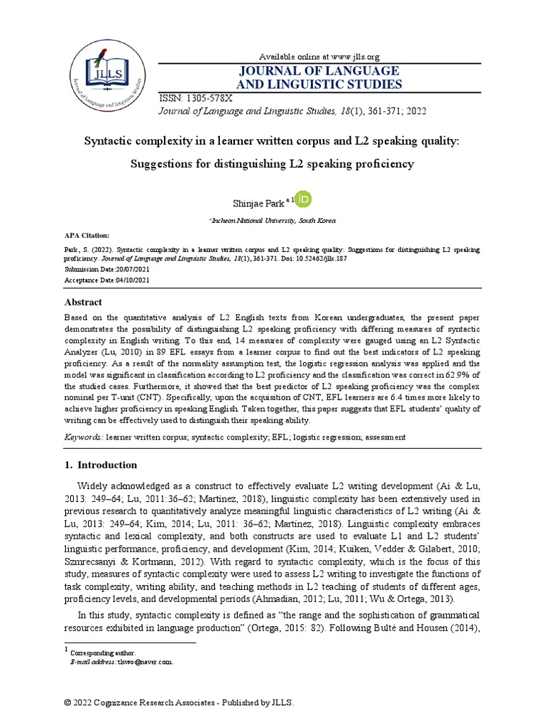 Syntactic Complexity In A Learner Written Corpus And L2 Speaking Quality Pdf English As A 